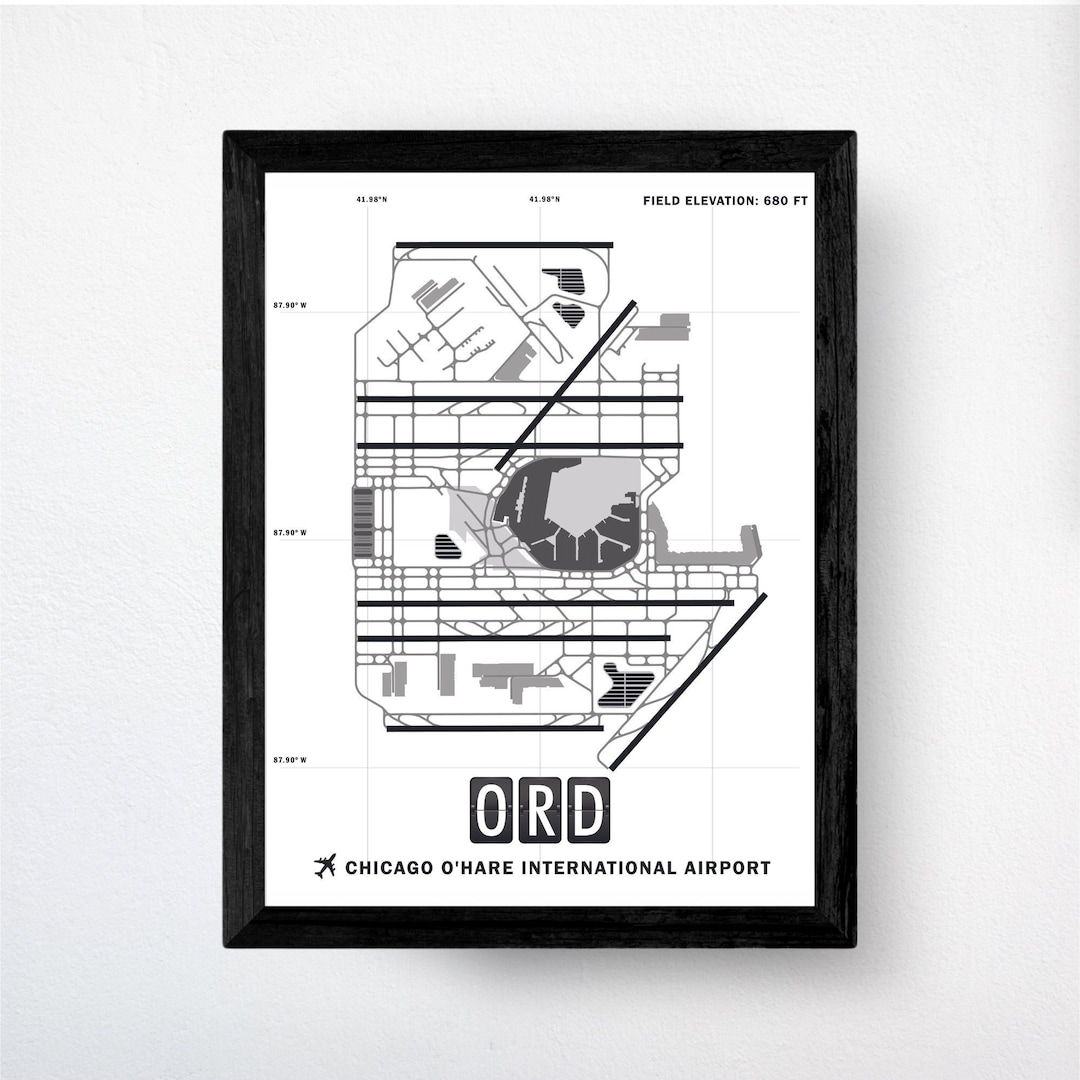 ORD Airport Map 11 X 14, Chicago O'hare International Airport, Digital ...