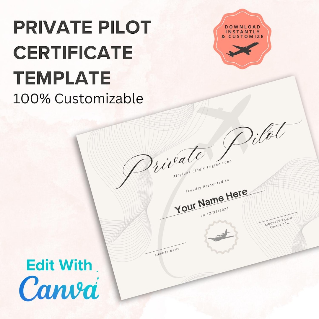 Private Pilot Certificate Template - Editable Canva Design | Aviation ...