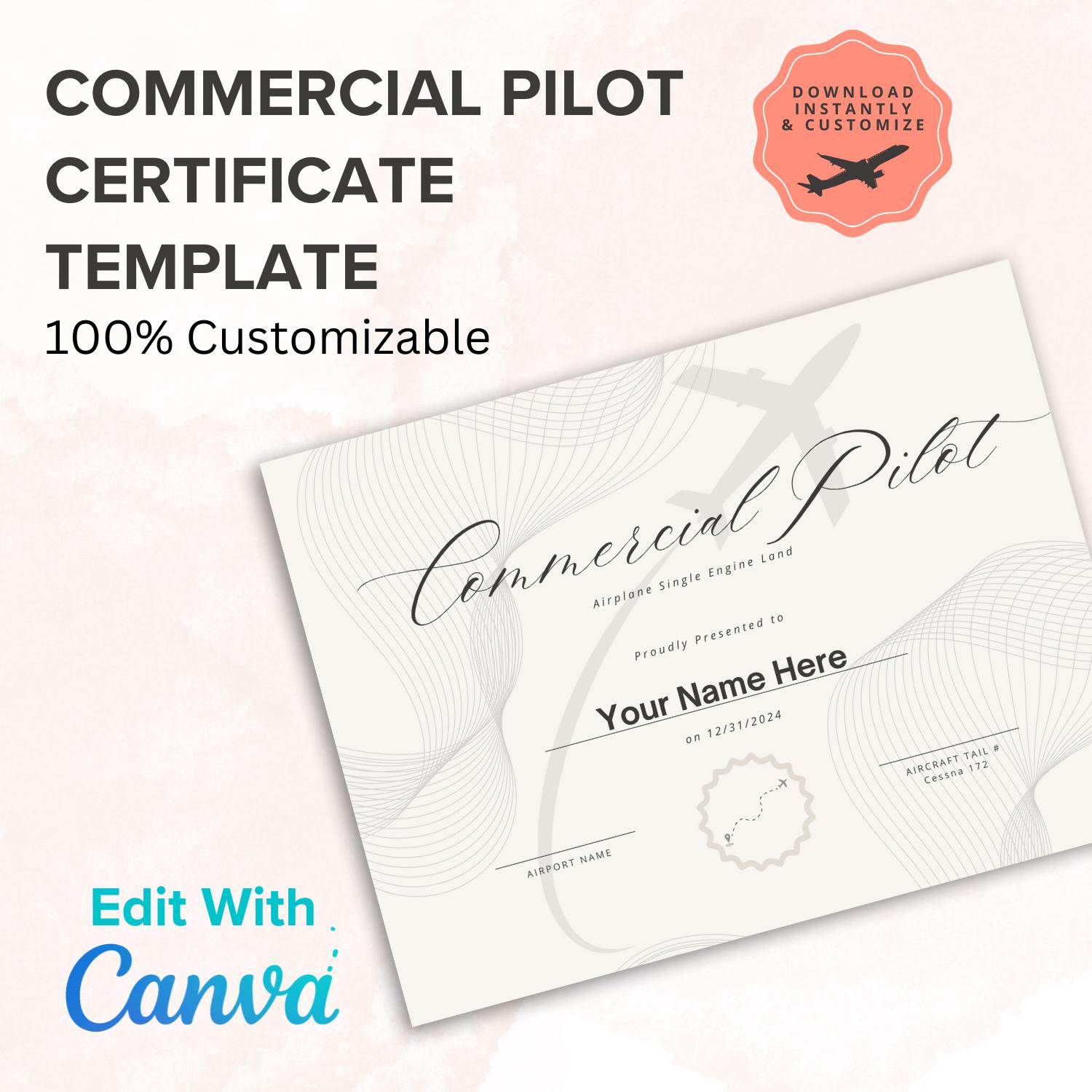 Commercial Pilot Certificate Template - Editable Canva Design ...