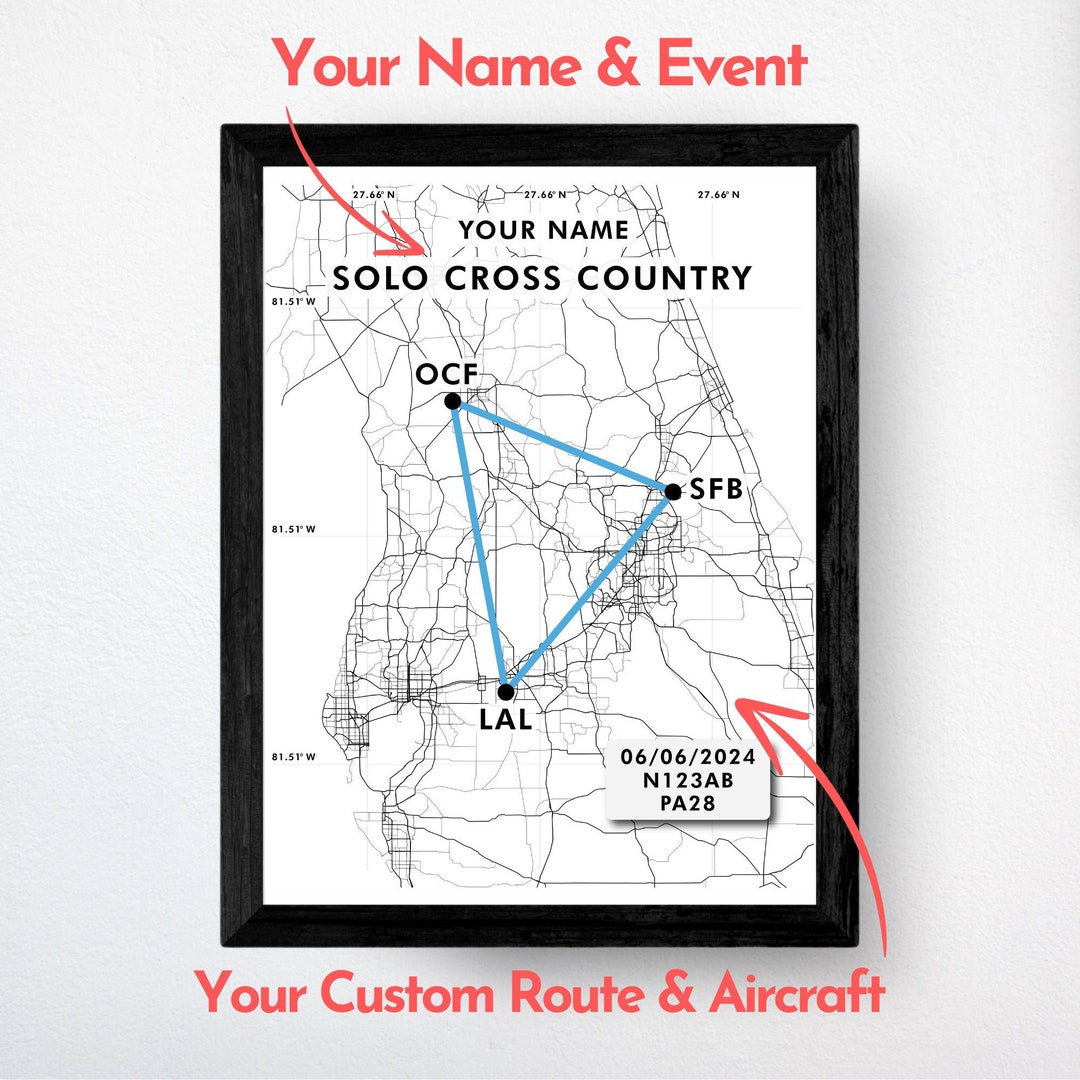 Custom Printed Cross Country Flight Map Gift, Any Airports, Pilot Gift ...