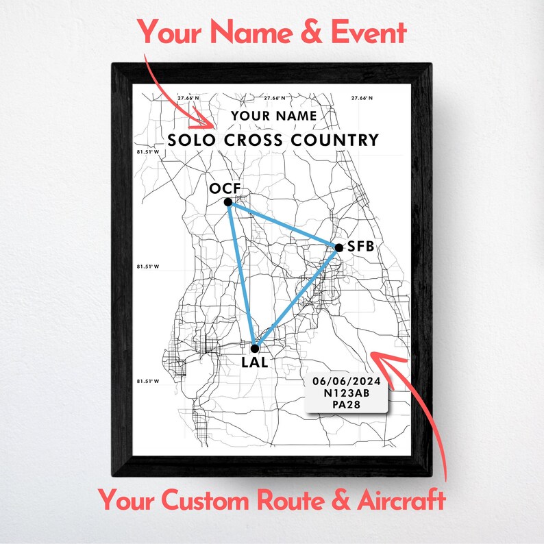 Custom Printed Cross Country Flight Map Gift, Any Airports, Pilot Gift ...