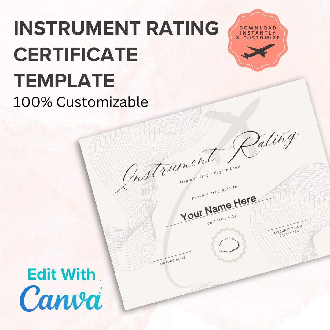 Instrument Rating Pilot Certificate Template - Editable Canva Design ...