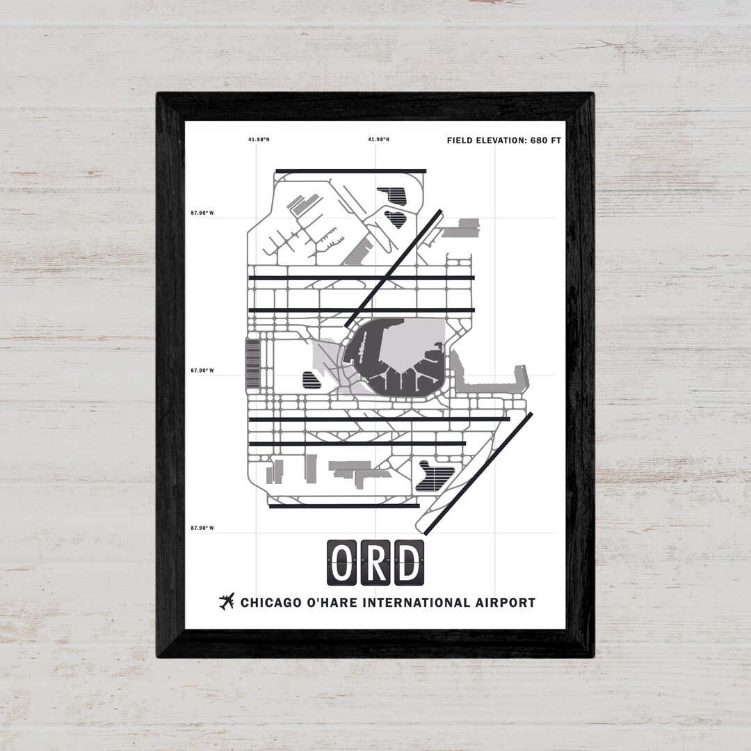 ORD Airport Map 11 X 14, Chicago O'hare International Airport, Digital ...