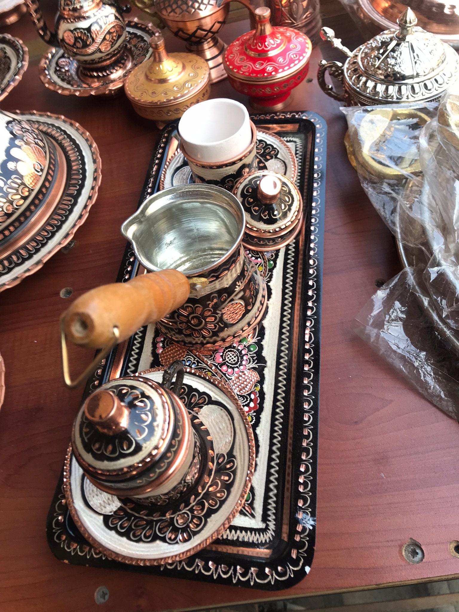 Copper Turkish Coffee Set - 2 Copper Coffee Cups, Porcelain Interior ...