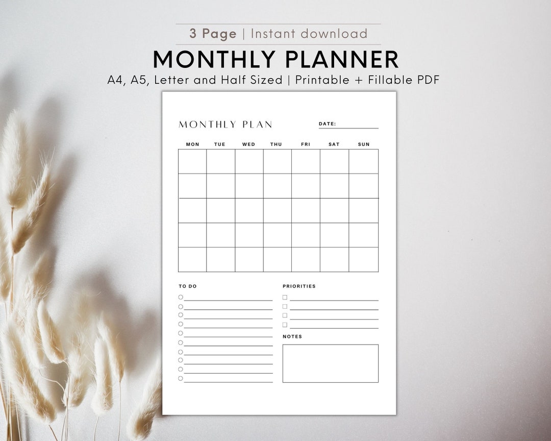 Printable Minimalist Monthly Calendar Printable Planner - Etsy