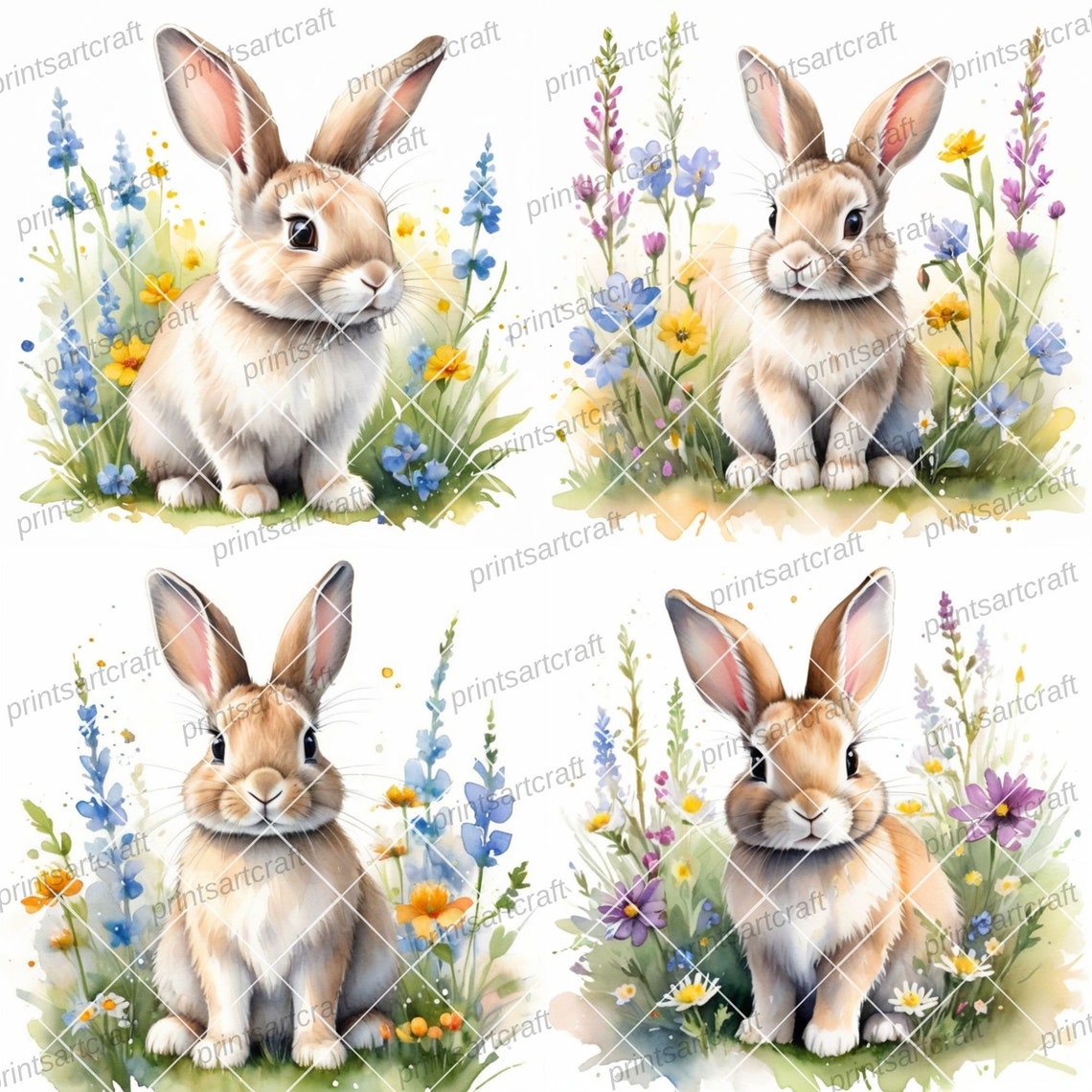 Floral Bunny Clipart, Printable Watercolor Clipart, 12 High Quality ...