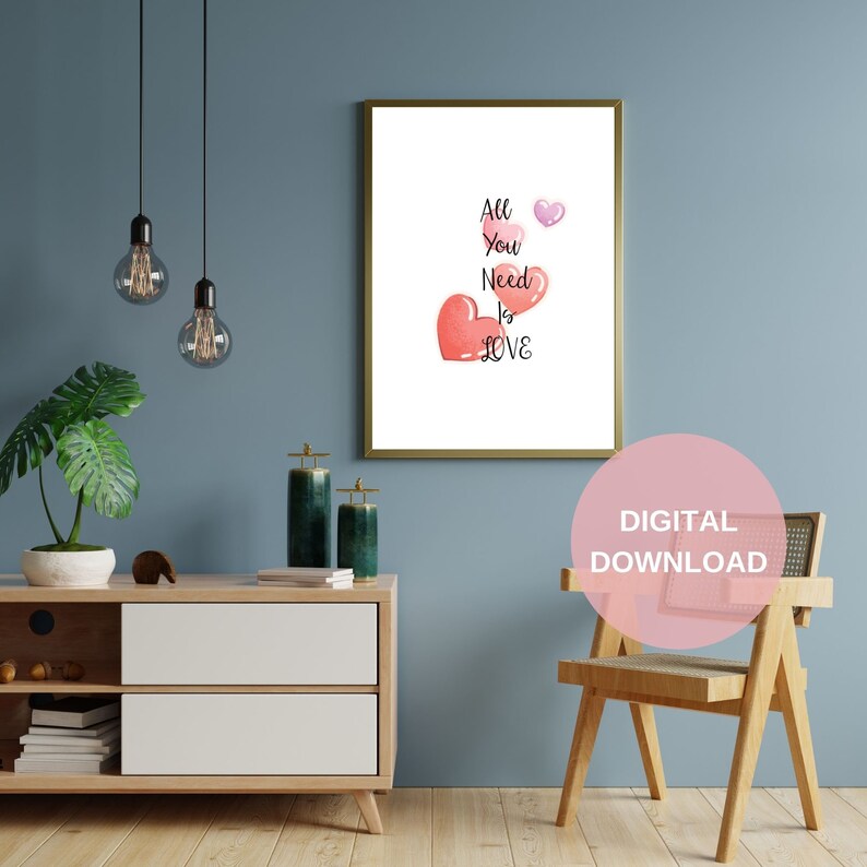 All You Need is Love Print, Printable Valentine's Day Wall Art, Pink ...