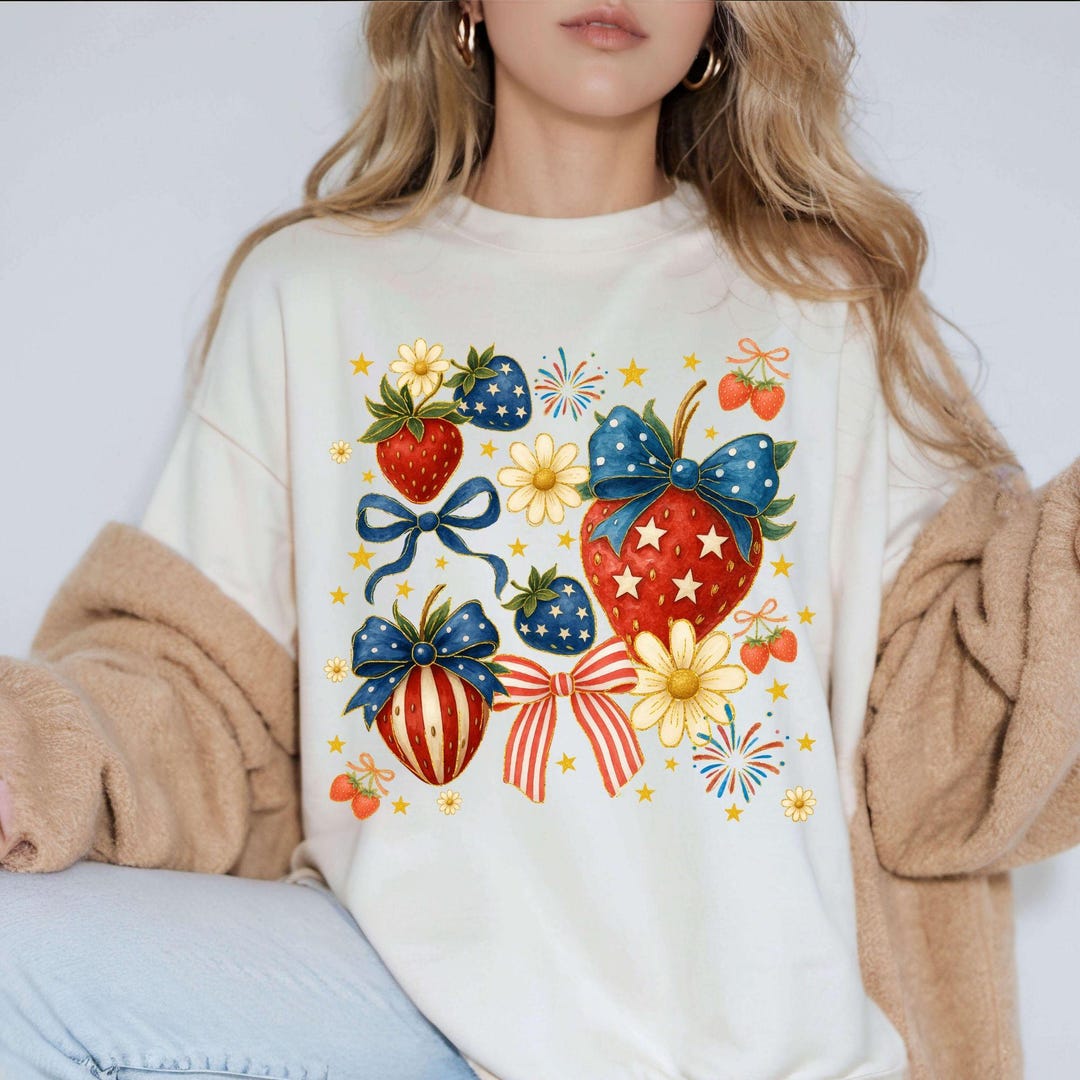Boho 4th of July Strawberry PNG, Preppy Strawberries Png, Patriotic Bow ...