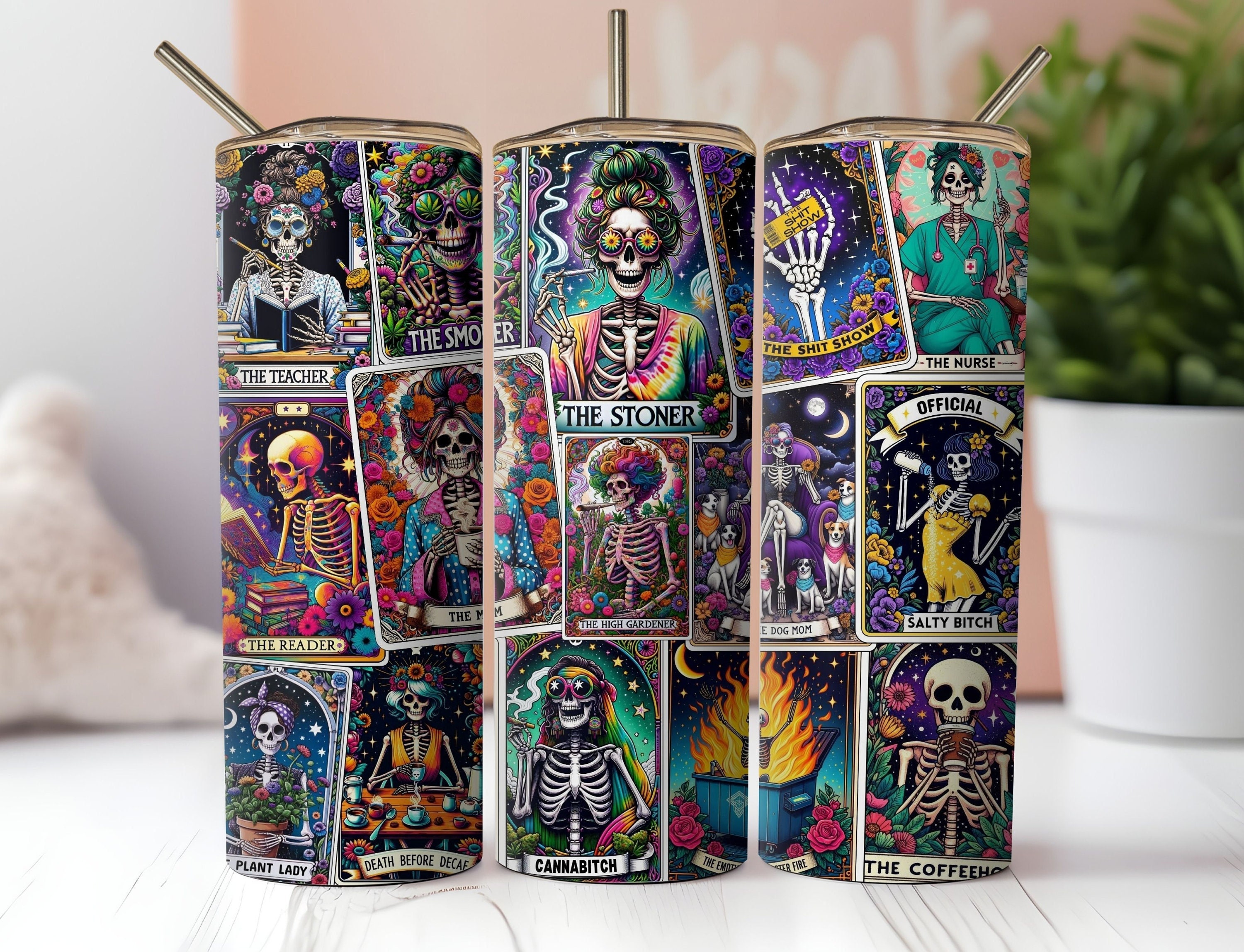 Sarcastic Tarot Cards Tumbler Wrap Swearing Witchy Skeleton 20oz Skinny ...