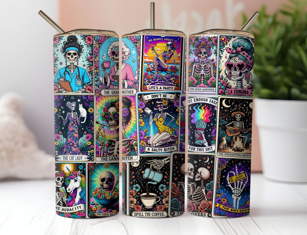 Sarcastic Tarot Cards Tumbler Wrap Swearing Witchy Skeleton 20oz Skinny ...
