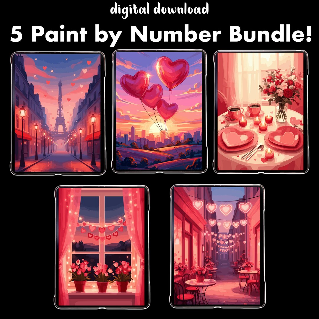 5 Valentines Paint by Number Coloring Pages BUNDLE | Digital Coloring ...