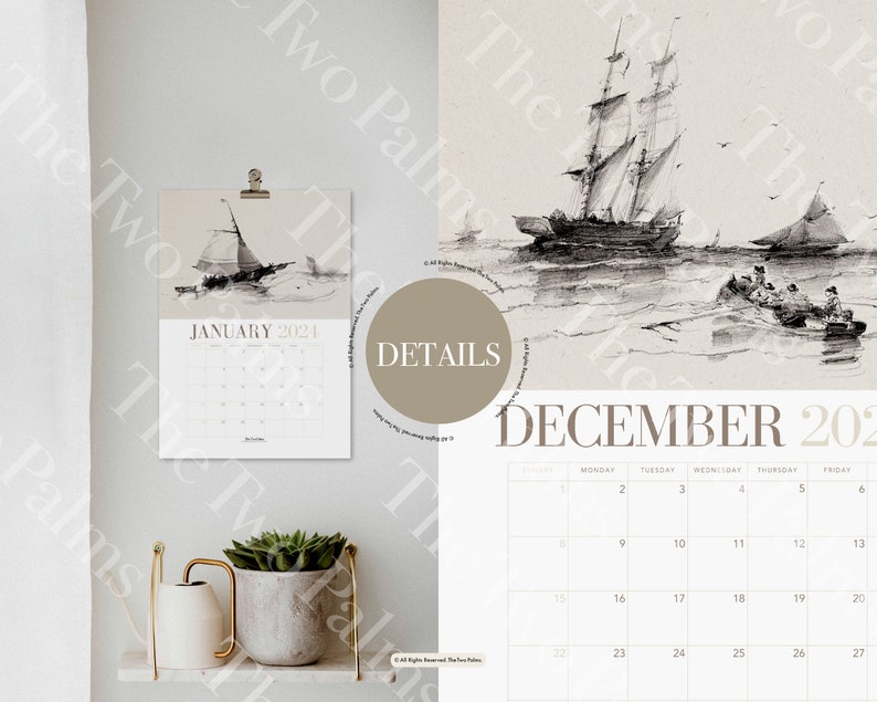 Vintage Sailboat 2024 Printable Calendar, Nautical Wall Art Prints ...