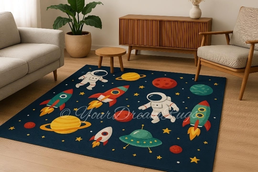 Hand Tufted Space Adventure Kids Rug – Astronaut Rocket Planet Galaxy ...