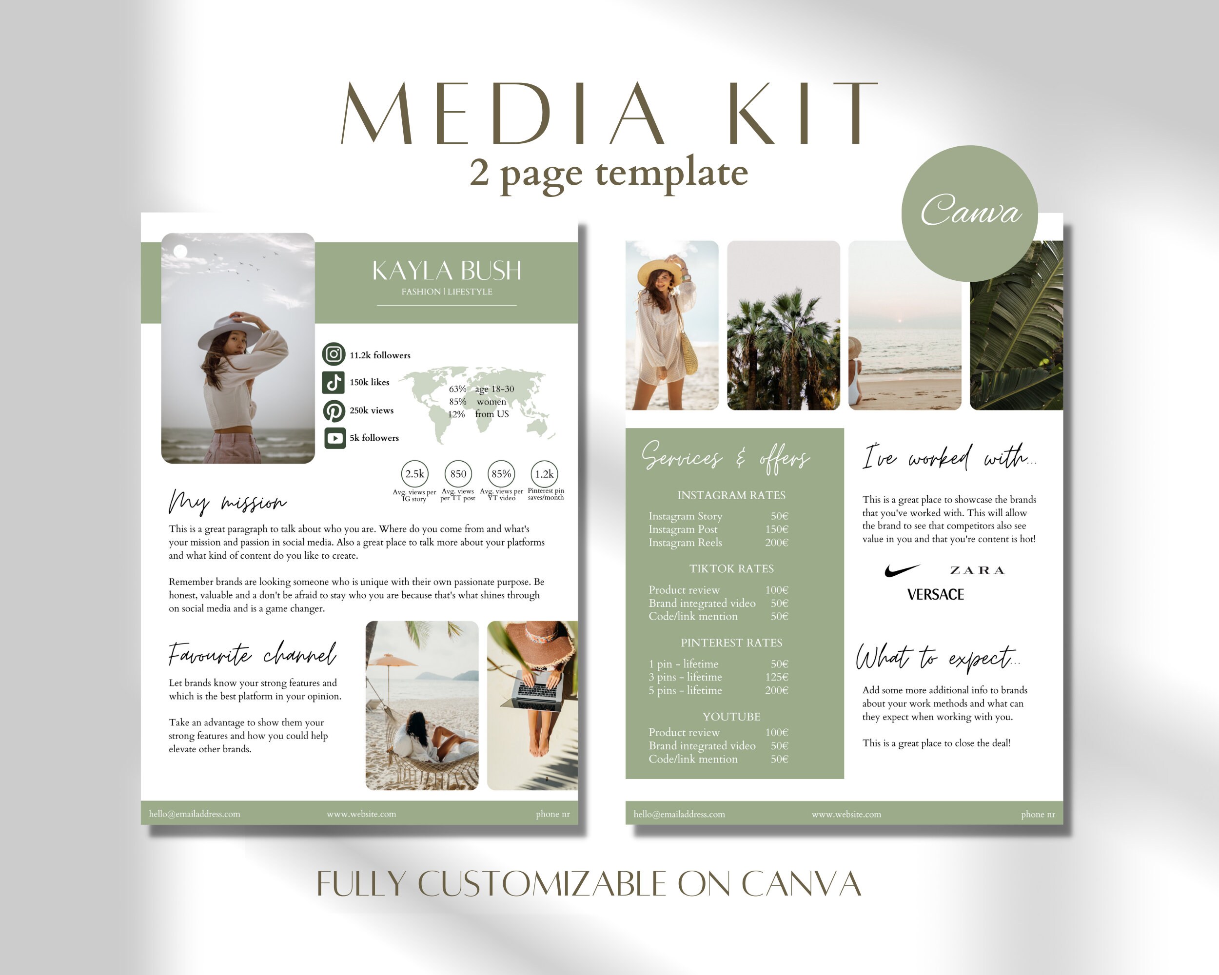 Green Media Kit Template Editable Media Kit Influencer Rate Sheet ...
