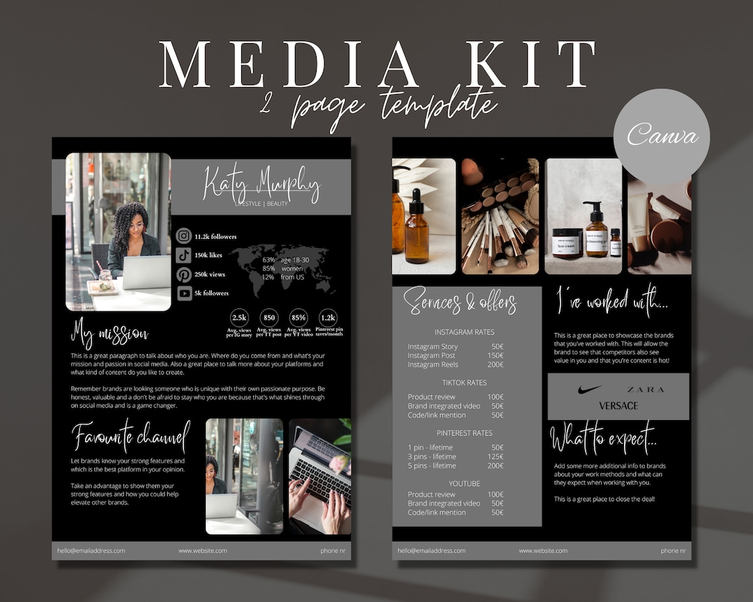 Social Media Kit Canva Template| Black Media Kit| Influencer Rate Sheet ...