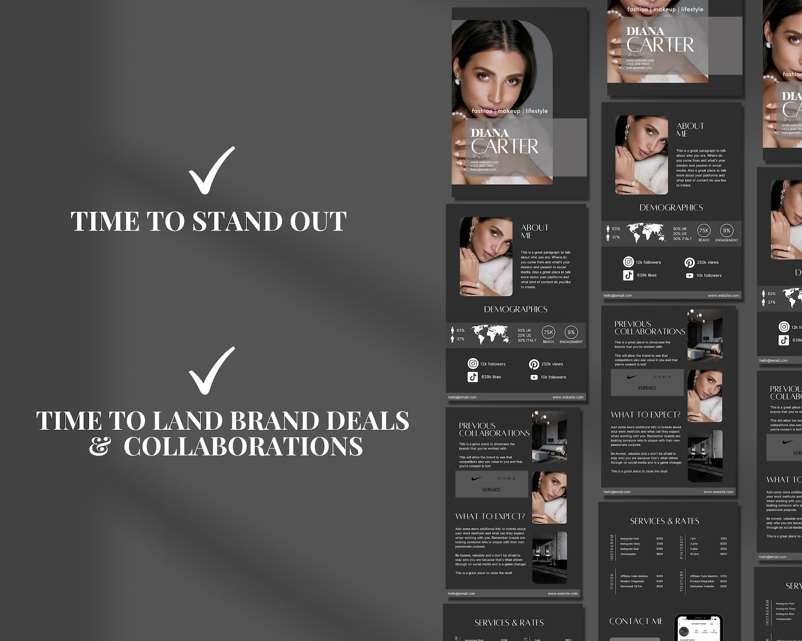 4 Page Media Kit Canva Template Black Instagram Media Kit Influencer Rate Sheet Blogger Press ...