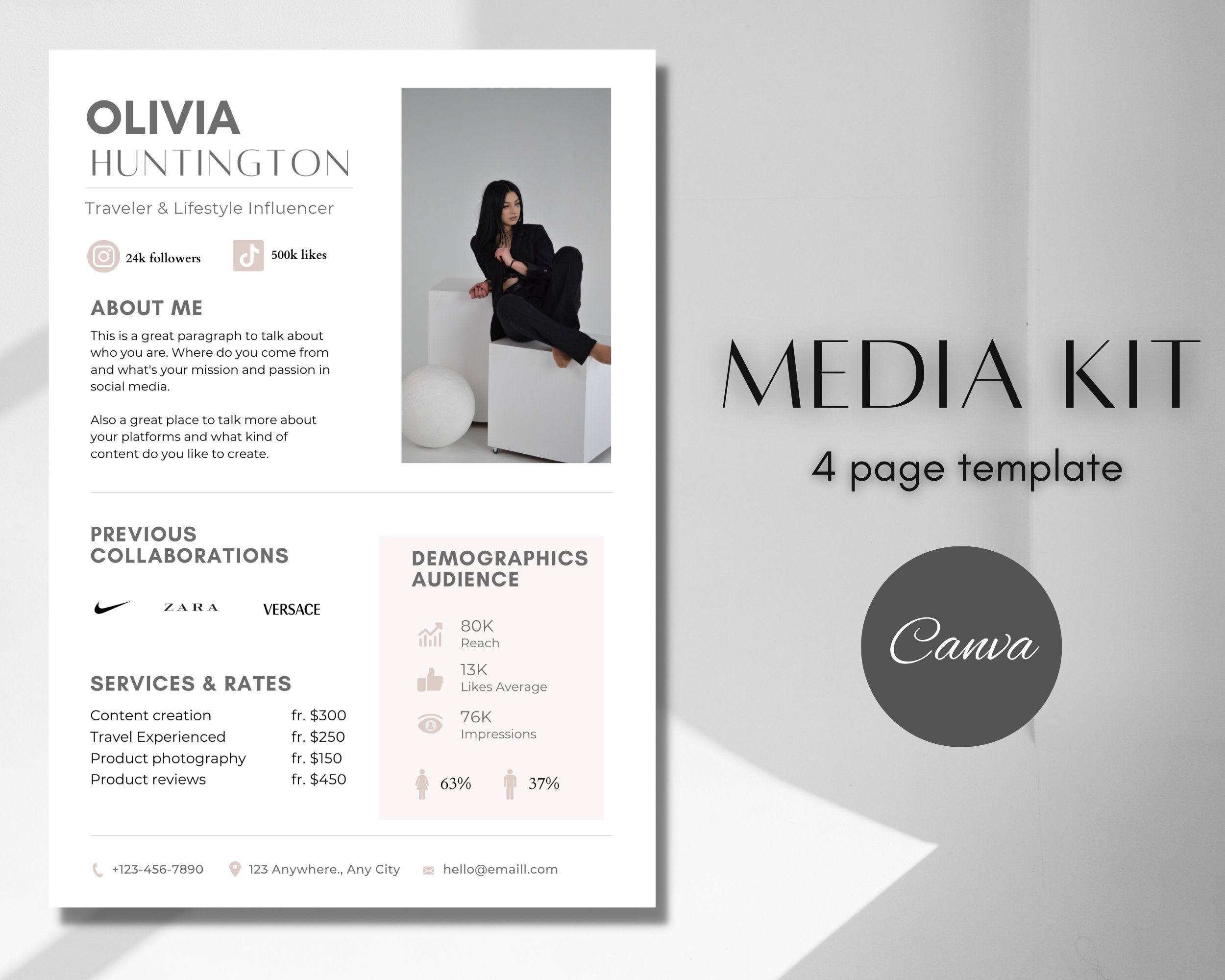 1 Page Media Kit Template Instagram Rate Sheet Template Editable ...