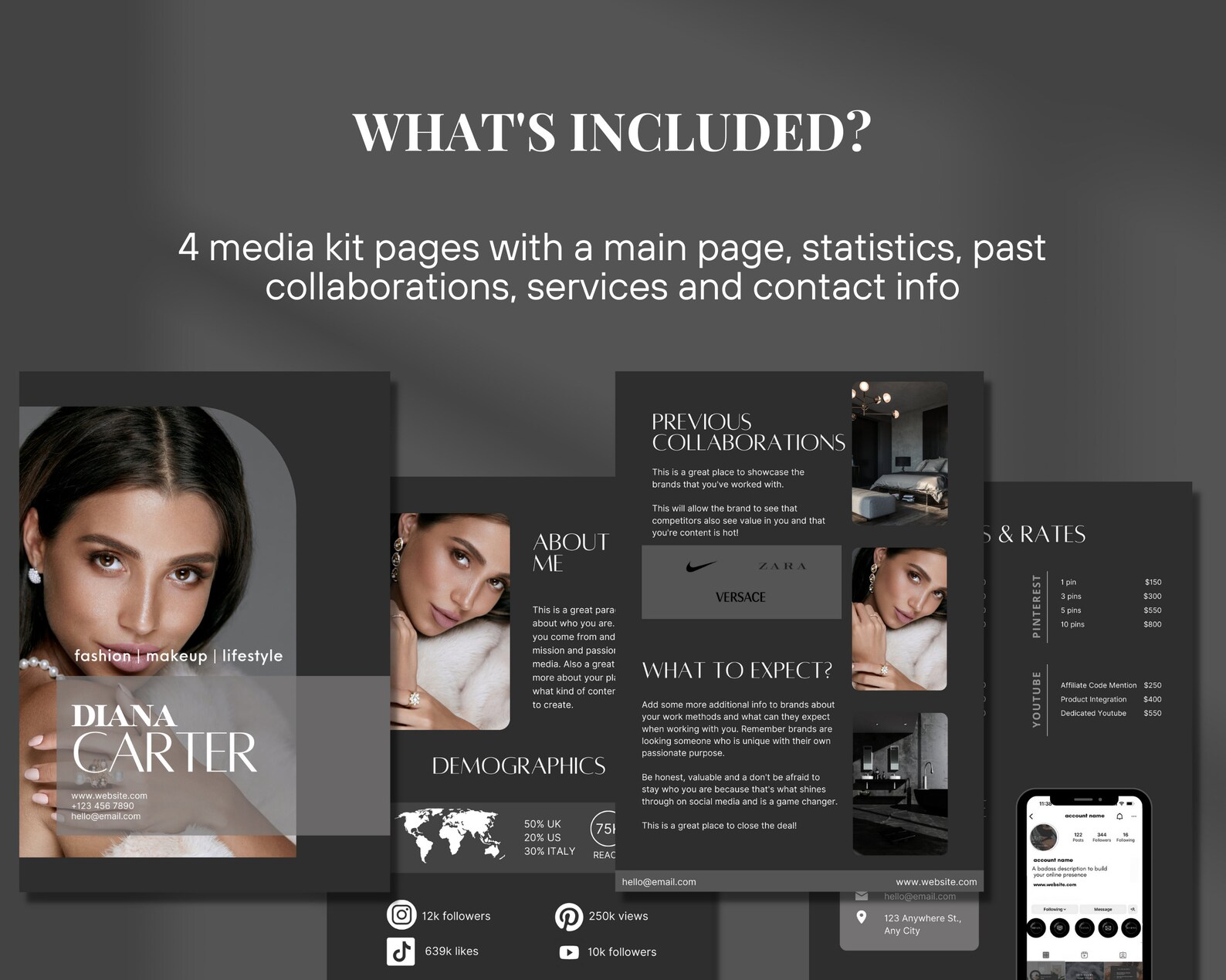 4 Page Media Kit Canva Template Black Instagram Media Kit Influencer Rate Sheet Blogger Press ...