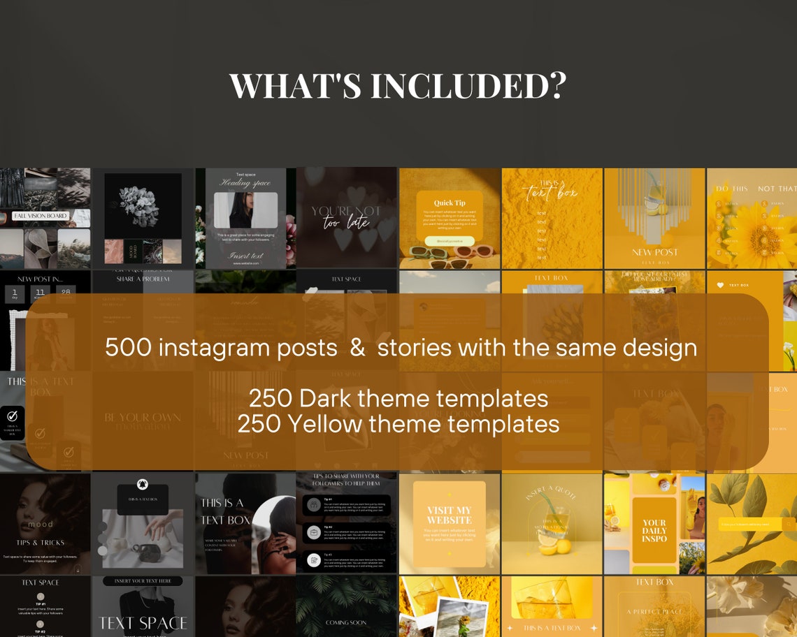 500 Instagram Template Bundle, Dark Social Media, Yellow Instagram ...