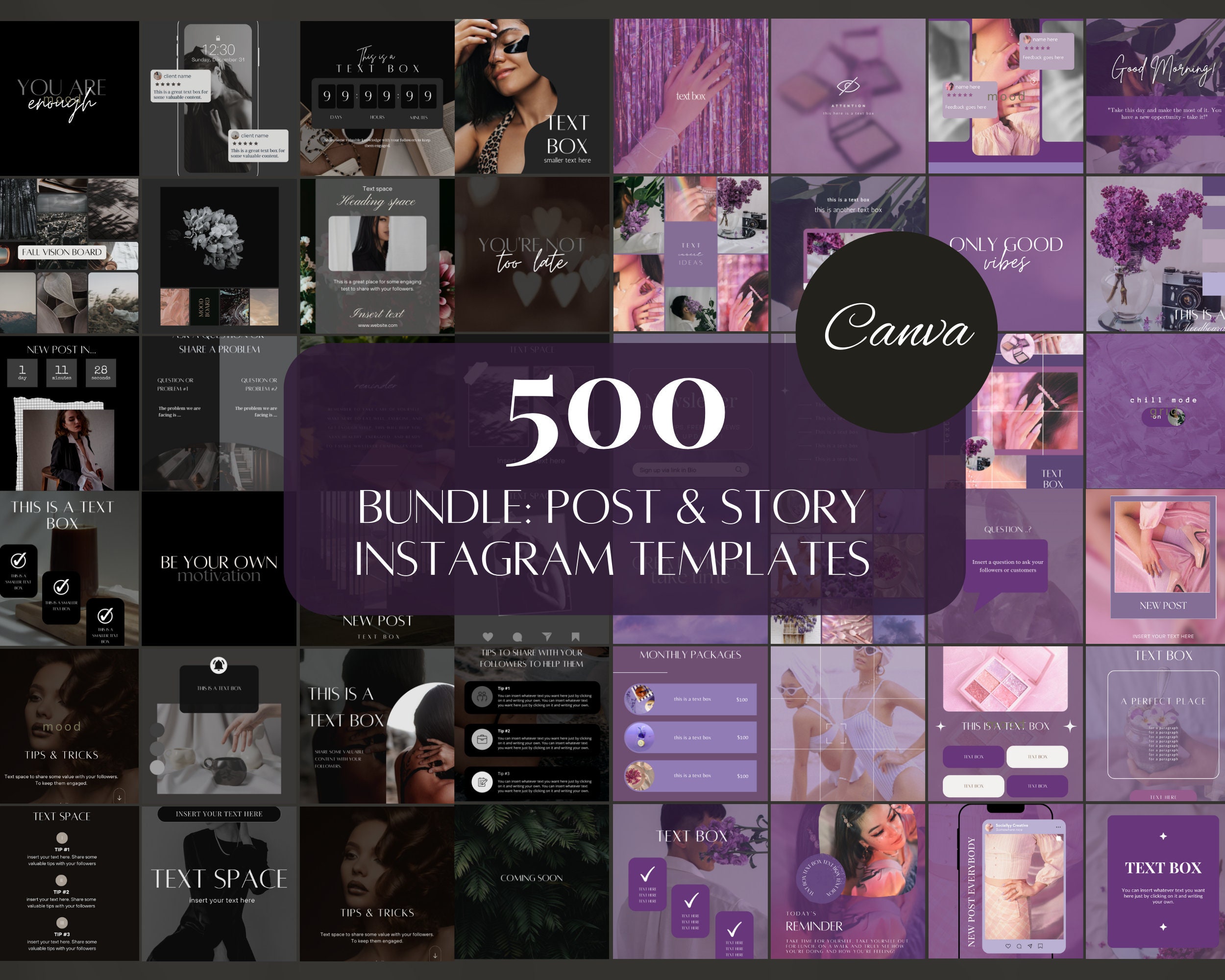 500 Instagram Template Bundle, Dark Social Media, Purple Instagram ...