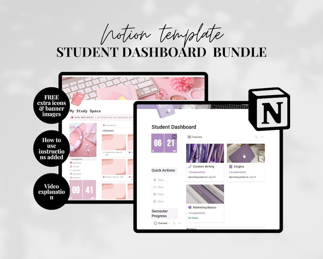 Notion Study Planner Bundle Purple Notion School Template Pink Bundle ...