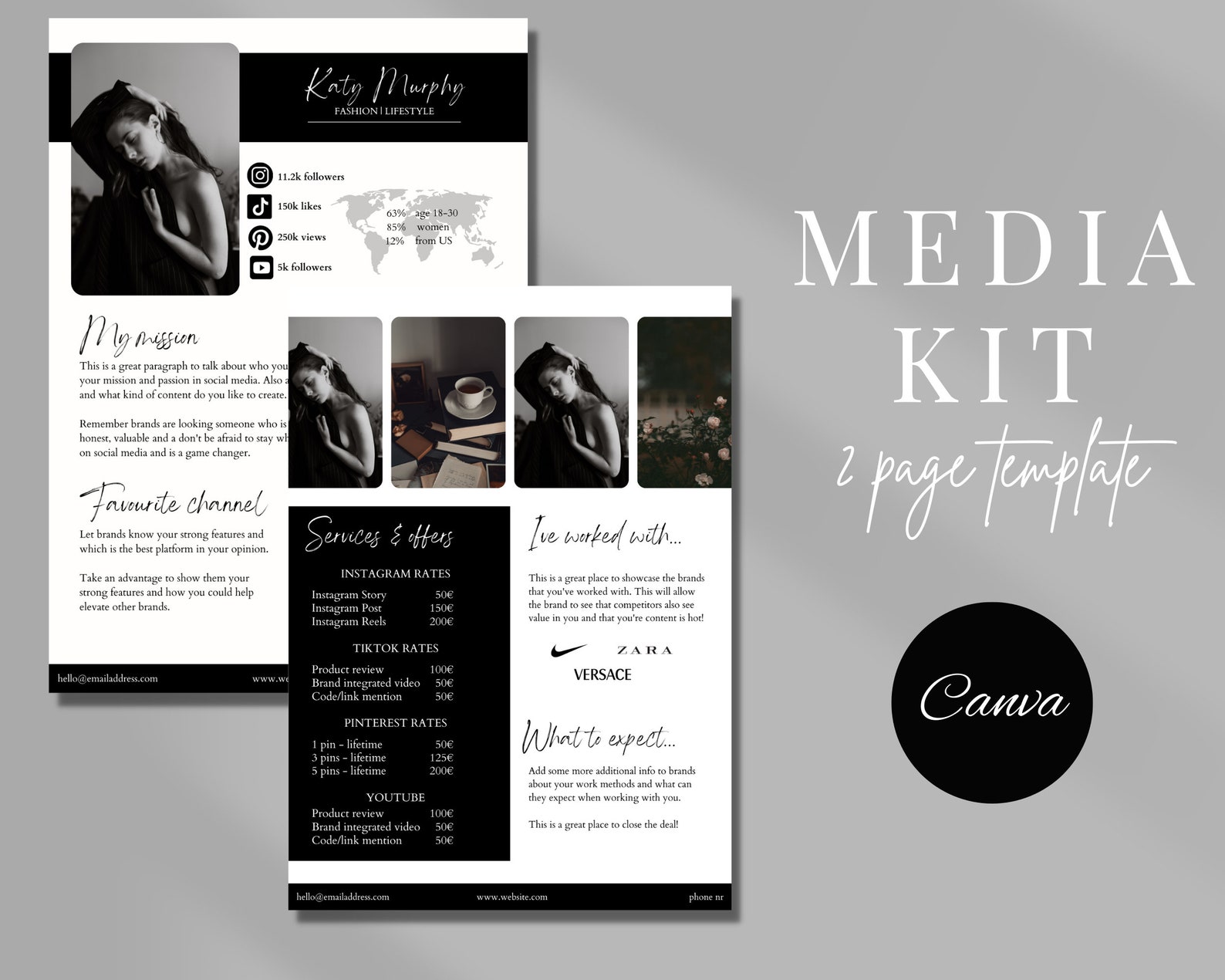 Dark Media Kit Template 2 Page Black Media Kit Influencer - Etsy