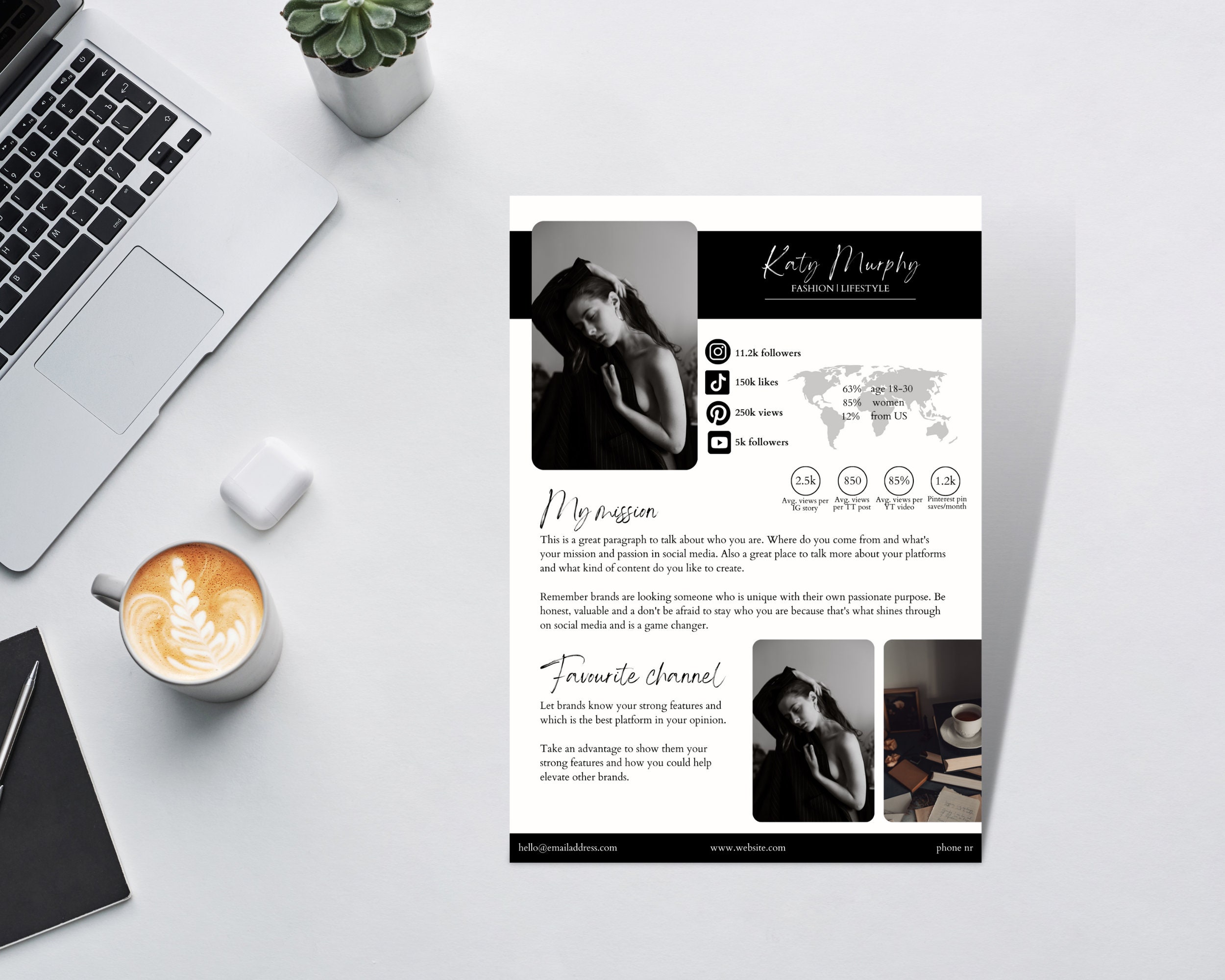 Black Media Kit Template| 2 Page White Media Kit| Influencer Rate Sheet ...