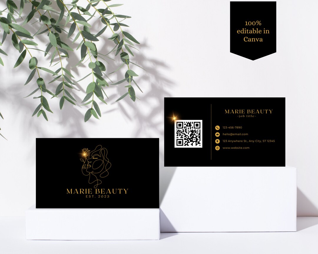 QR Code Business Card, Black Minimal Business Card Template, DIY Golden ...