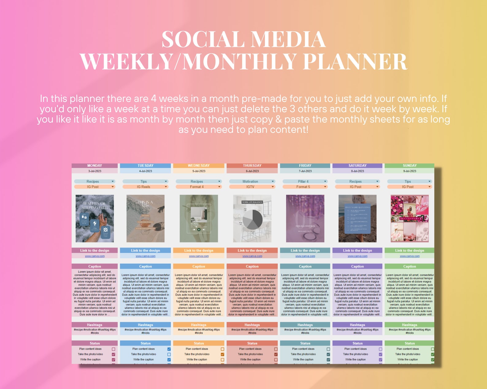 Digital Social Media Planner Excel Spreadsheet Weekly Content Calendar ...