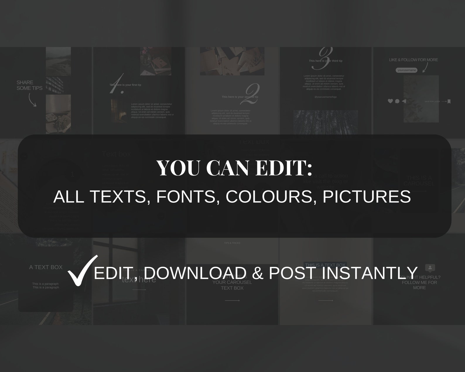 Dark Instagram Carousel Post Templates| Dark Social Media Canva ...