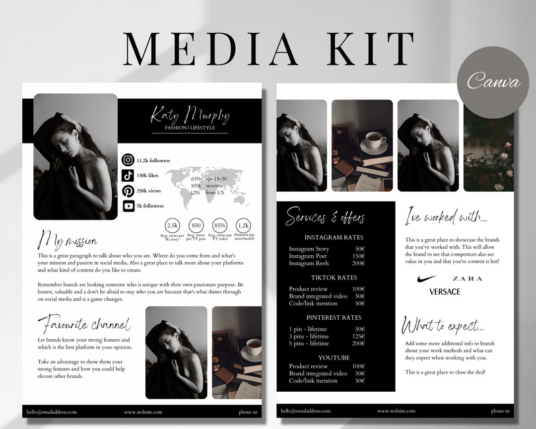 Black Media Kit Template| 2 Page White Media Kit| Influencer Rate Sheet ...