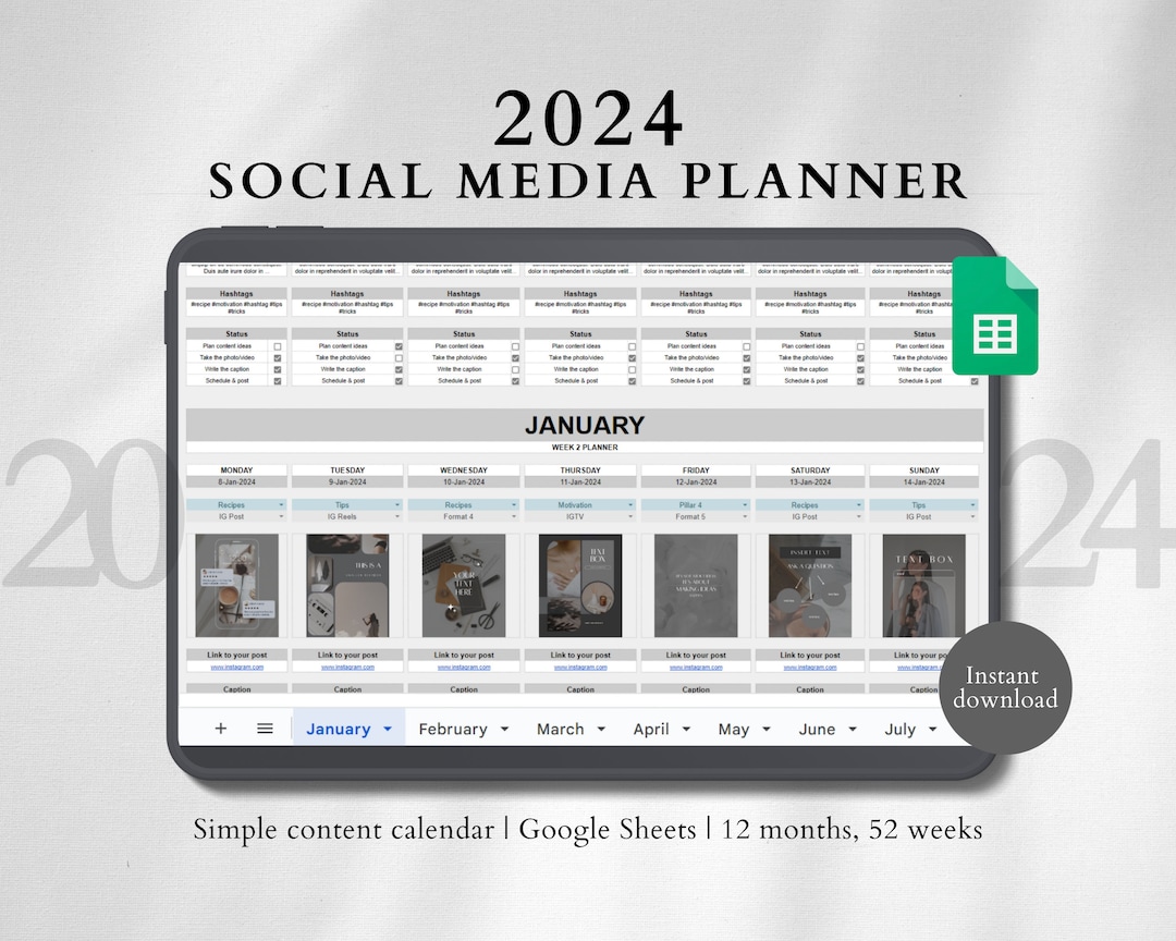 2024 Content Calendar for Social Media Growth Instagram Digital Planner ...