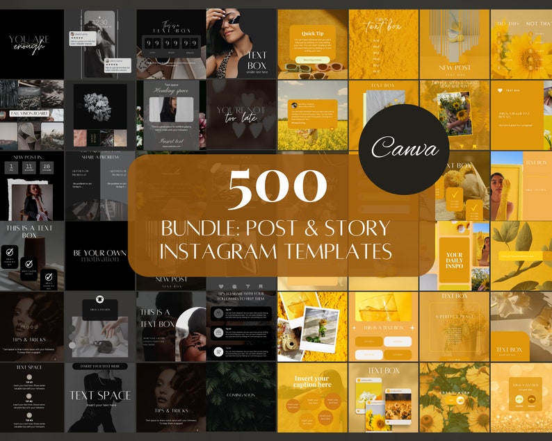 500 Instagram Template Bundle, Dark Social Media, Yellow Instagram ...
