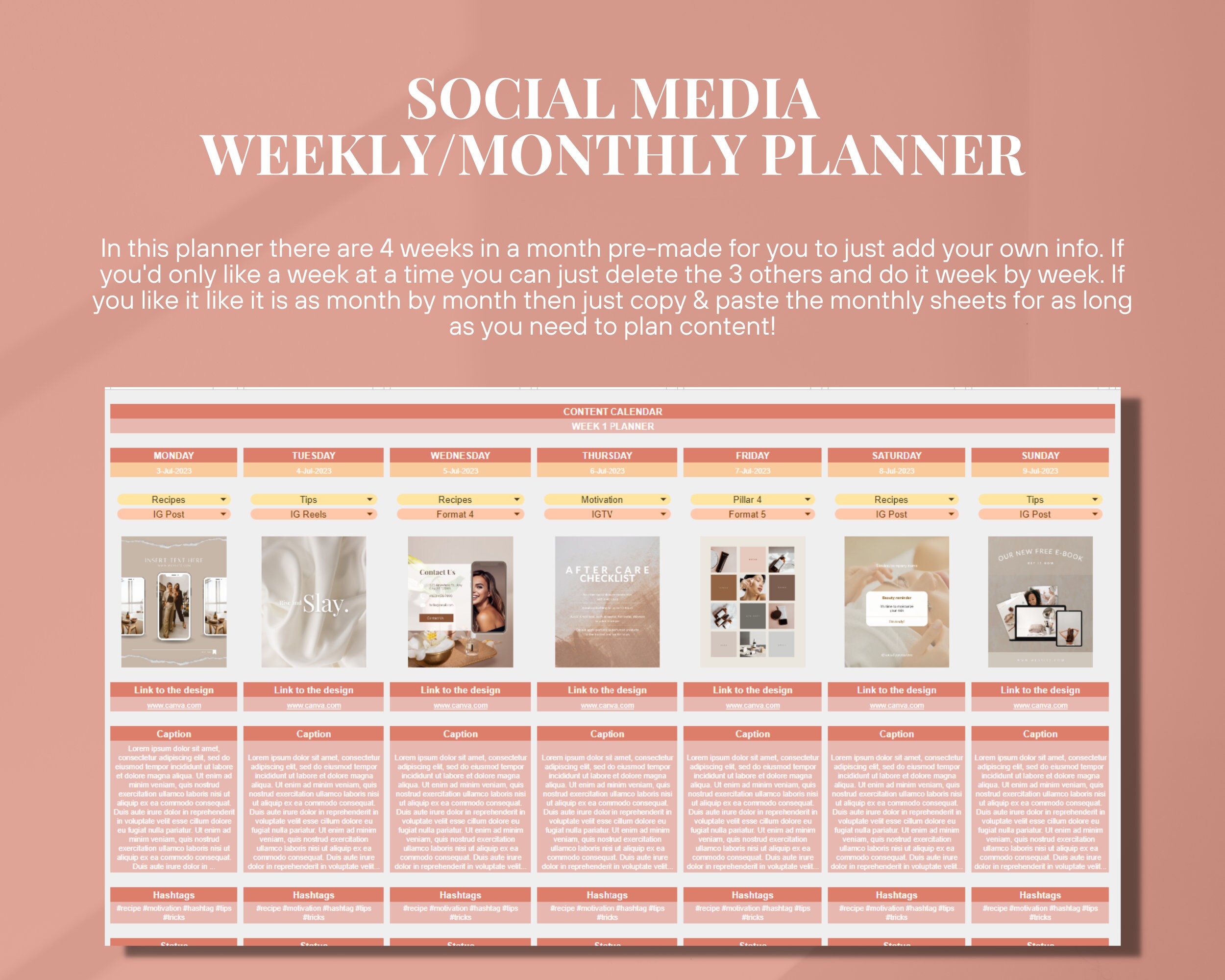 Social Media Planner Excel Spreadsheet Digital Content Calendar Weekly ...