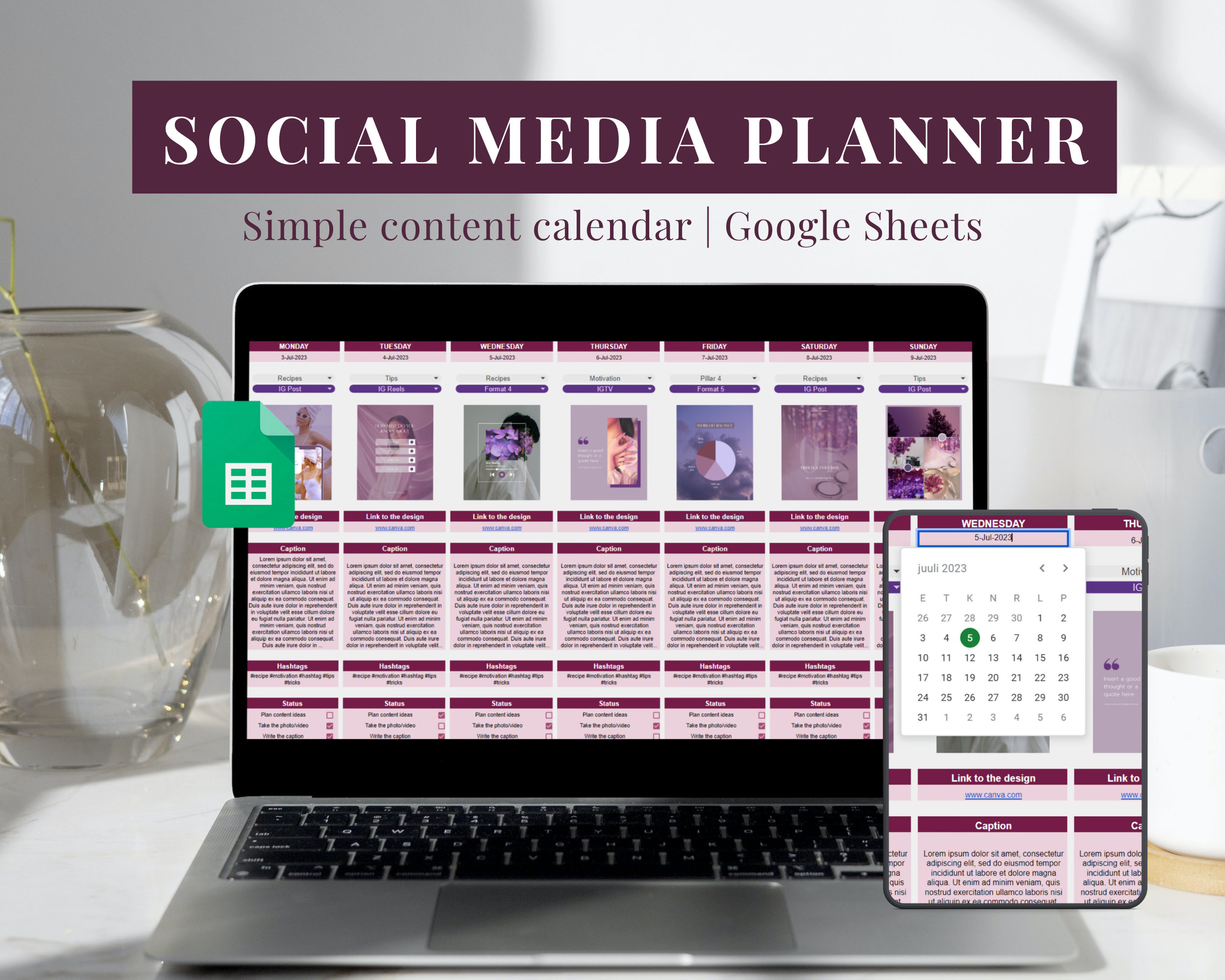 Social Media Planner Excel Spreadsheet Purple Digital Content Calendar ...