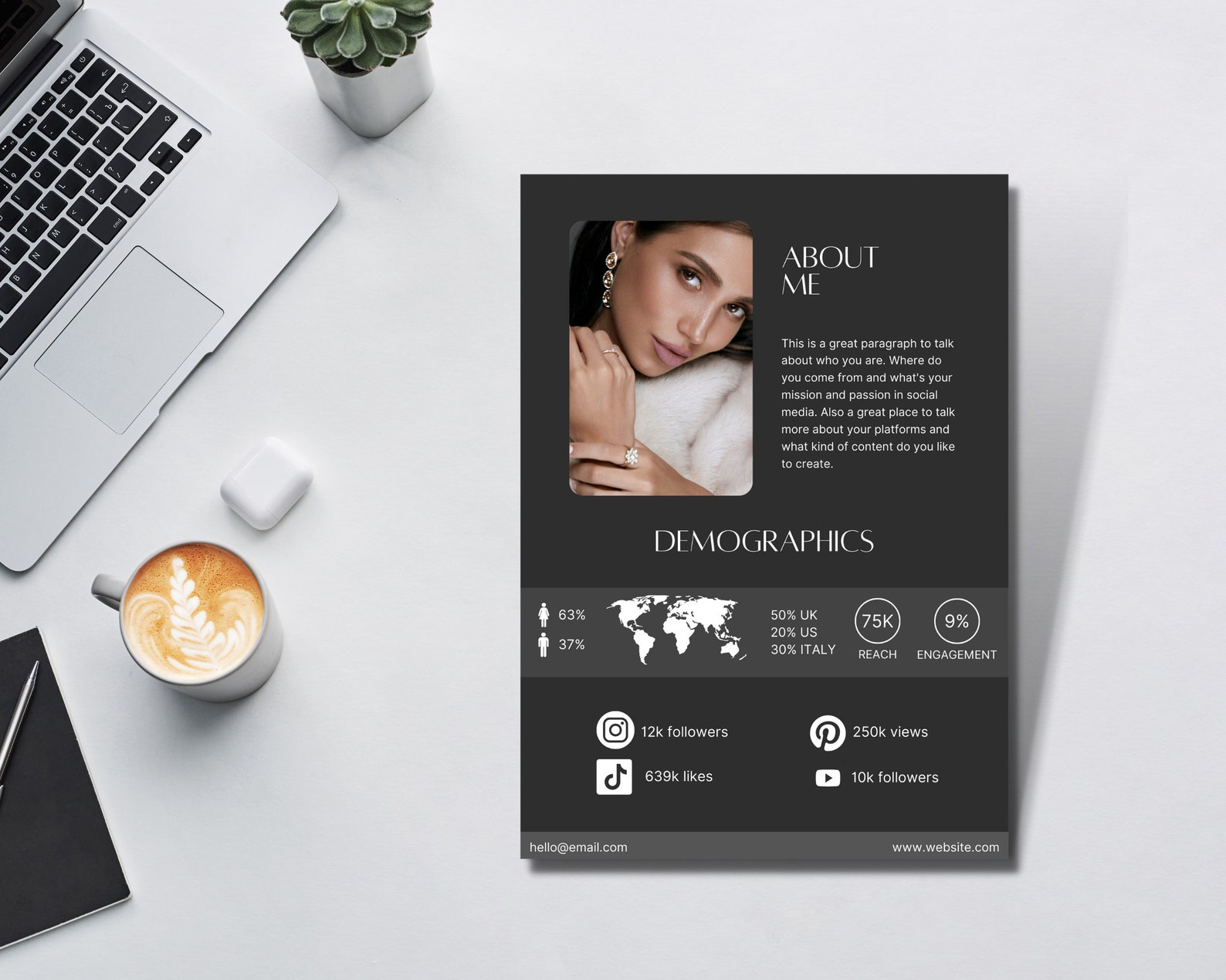 4 Page Media Kit Canva Template Black Instagram Media Kit Influencer Rate Sheet Blogger Press ...