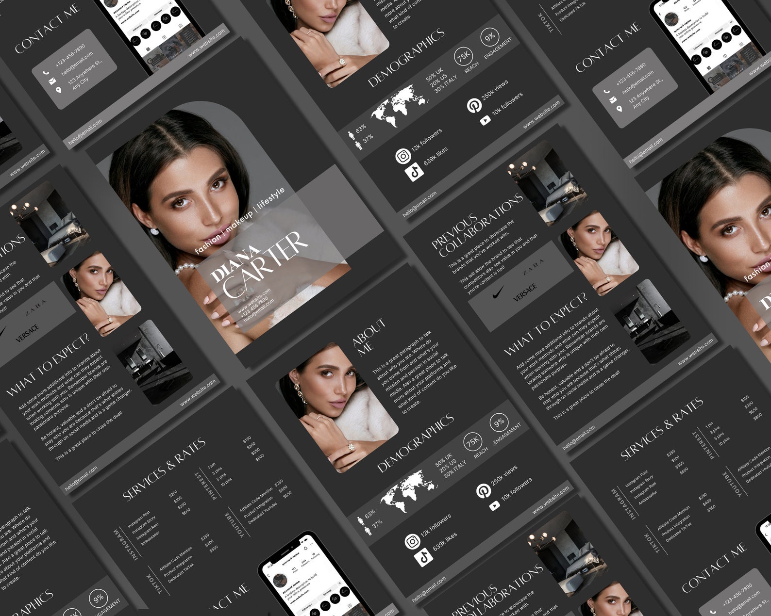 4 Page Media Kit Canva Template Black Instagram Media Kit Influencer Rate Sheet Blogger Press ...