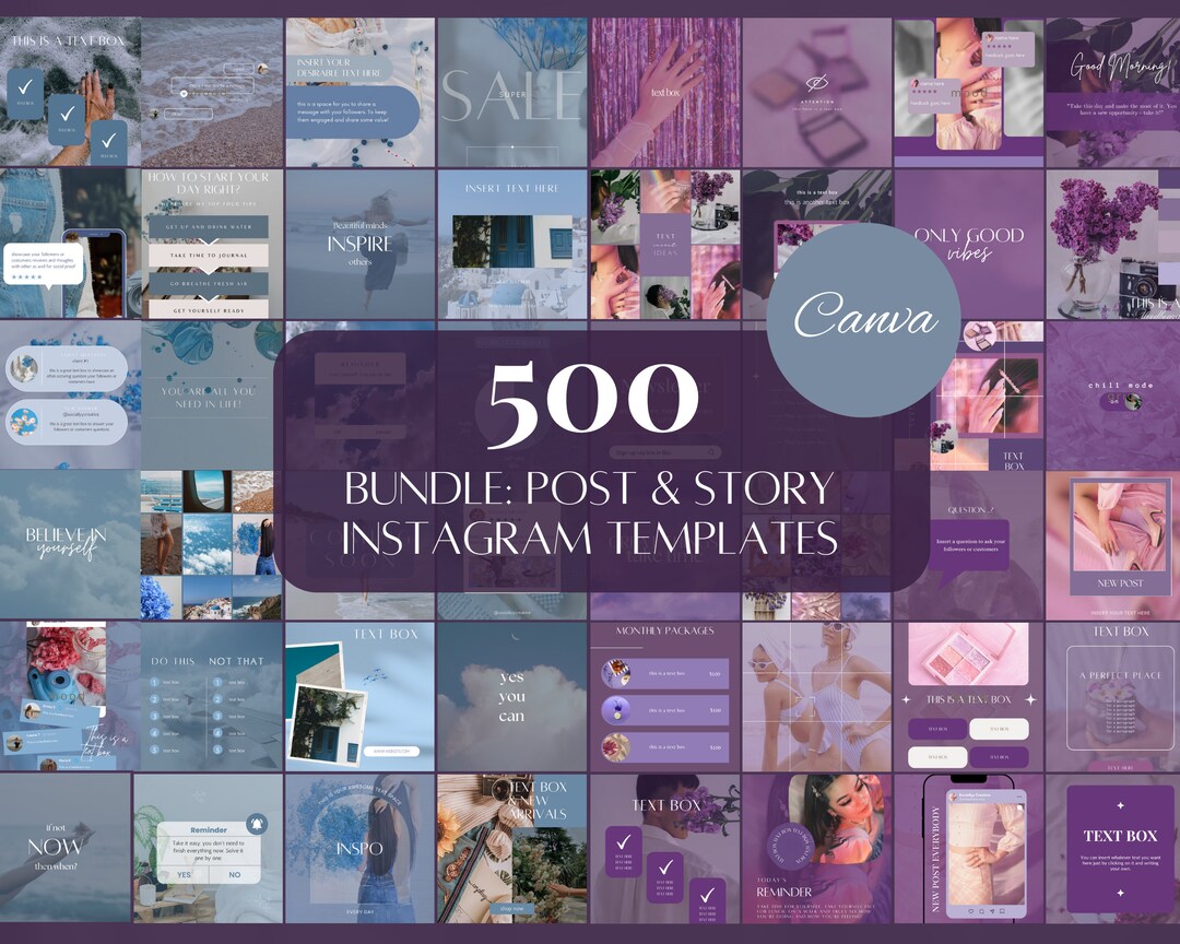 500 Instagram Template Bundle, Blue Social Media, Purple Instagram ...