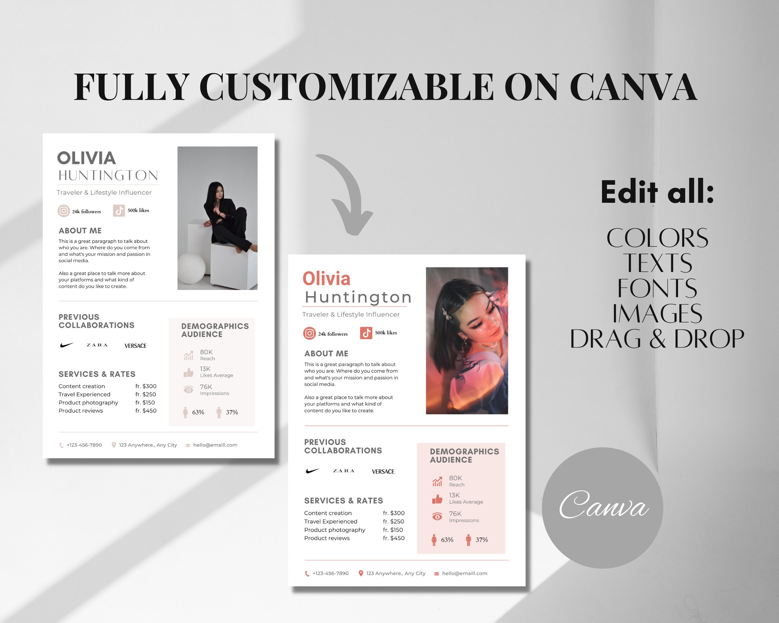 1 Page Media Kit Template Instagram Rate Sheet Template Editable ...