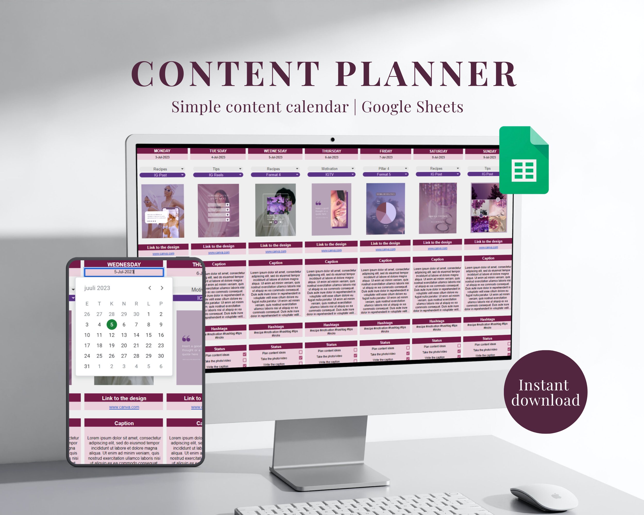 Social Media Planner Excel Spreadsheet Purple Digital Content Calendar ...