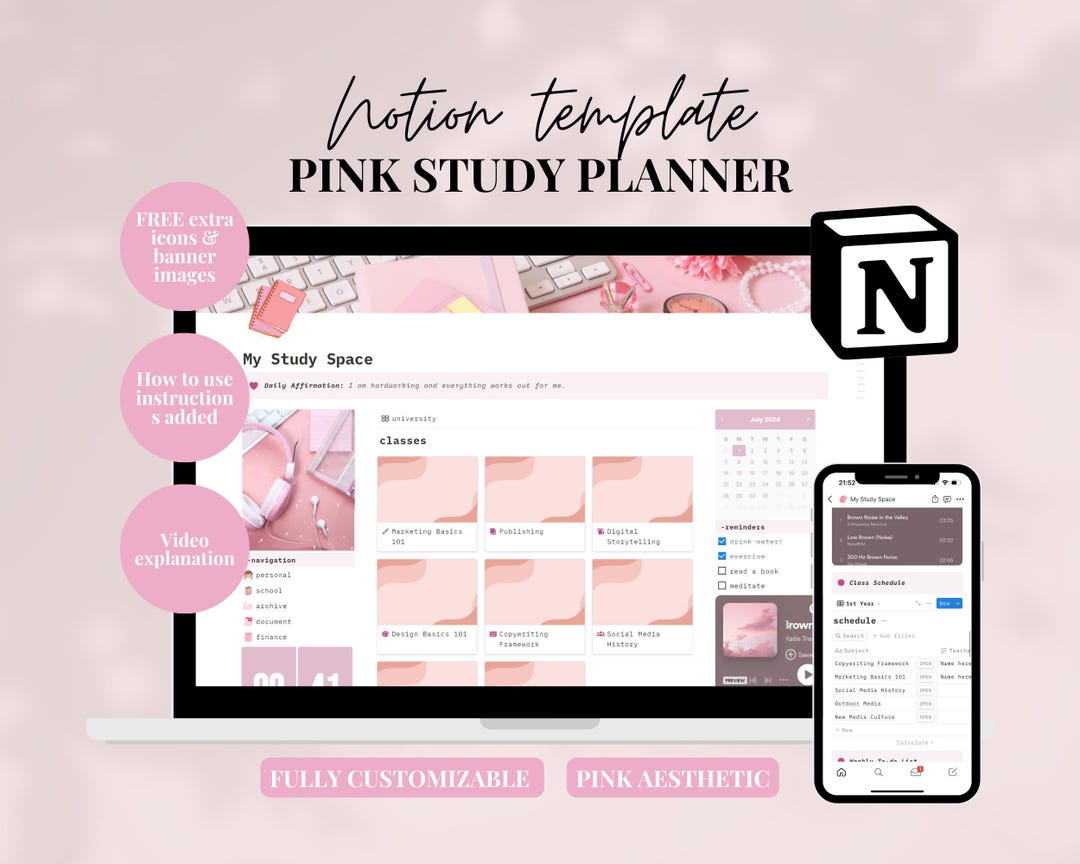 Pink Notion Study Planner Notion School Template Pink Study Notion ...
