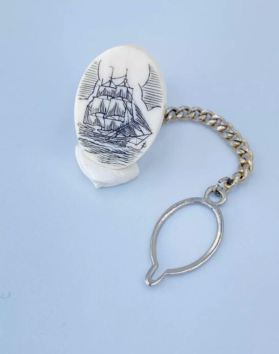 Vintage Scrimshaw Style Nautical Design Tie Tack Pin - Gem