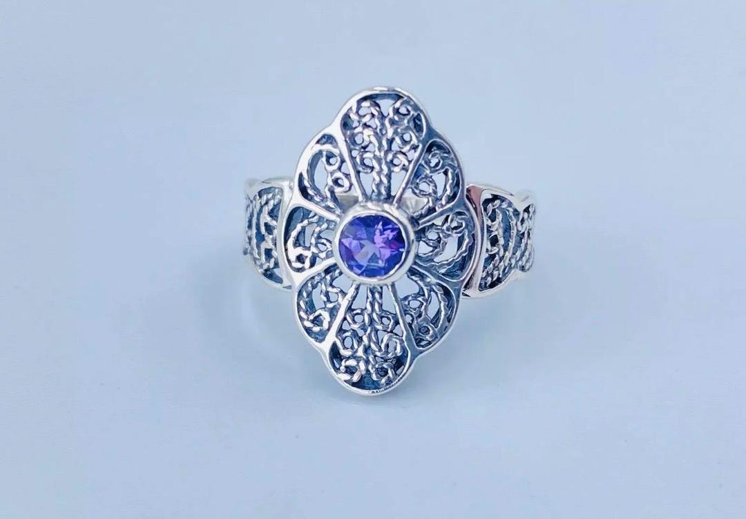 Vintage Sterling Silver Filigree Design Ring Set With Faceted Amethyst ...