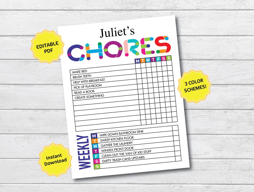 Kids Chore Chart: Customizable, Printable Checklist (PDF) - Etsy