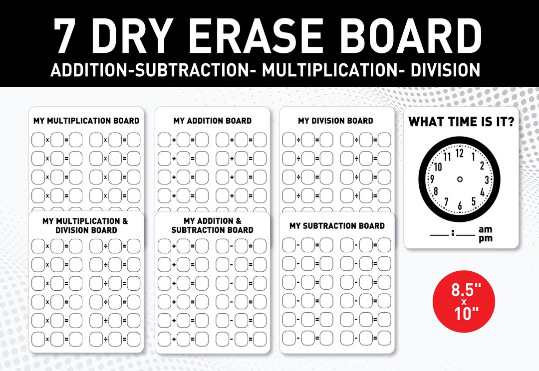 Math Dry Erase Boards Set: Telling Time, Addition, Subtraction (digital ...