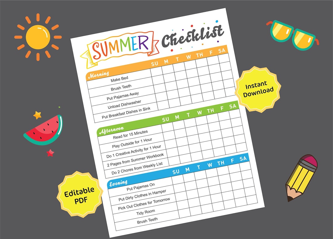 Printable Summer Daily Checklist for Kids (editable PDF) - Etsy