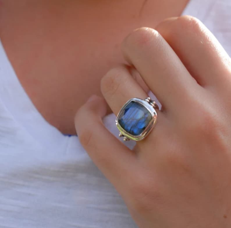 Rainbow Labradorite Square Ring ~ Gemstone ~ Natural ~sterling Silver ...