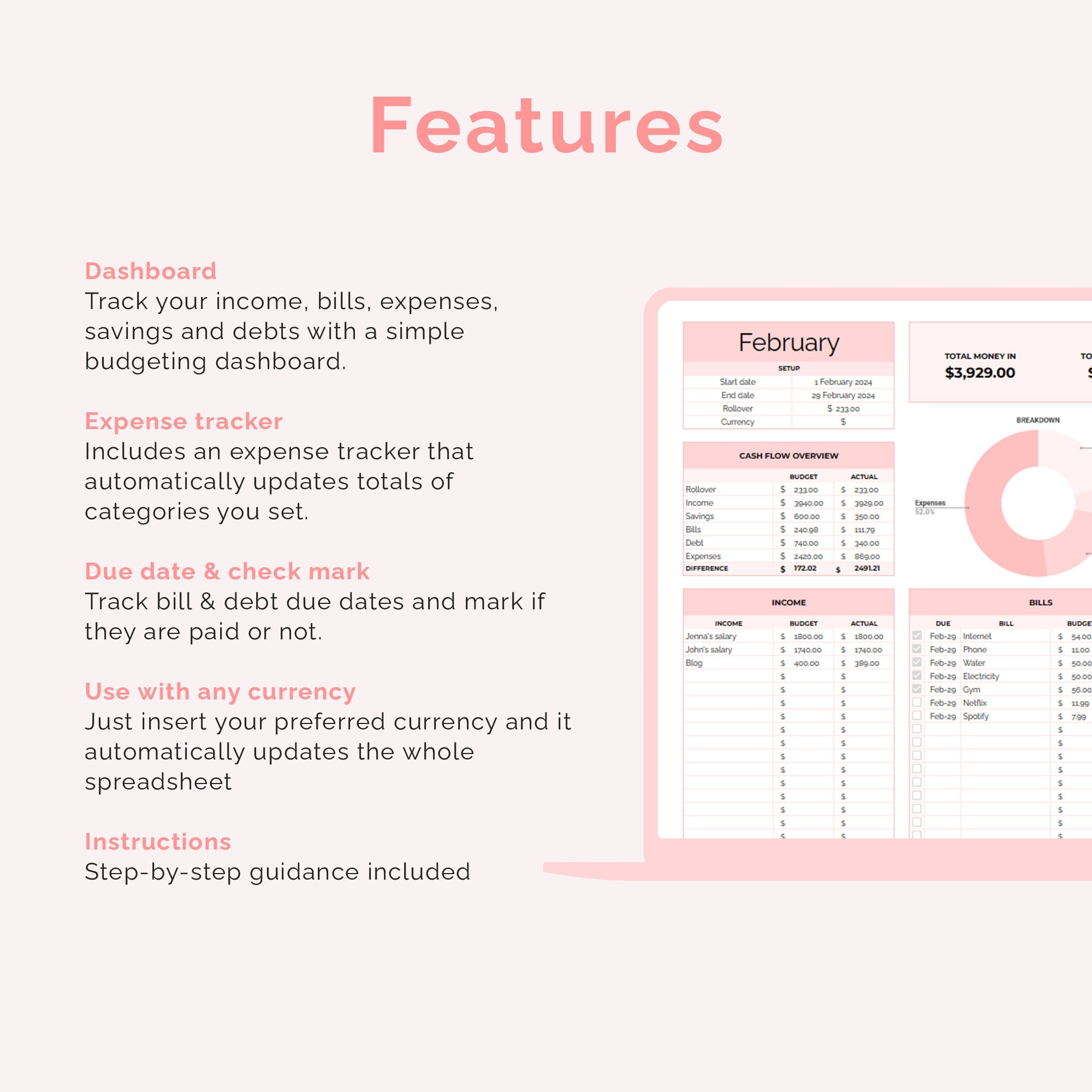 Cute Budget Planner for Google Sheets, Monthly Budget Template, Simple ...