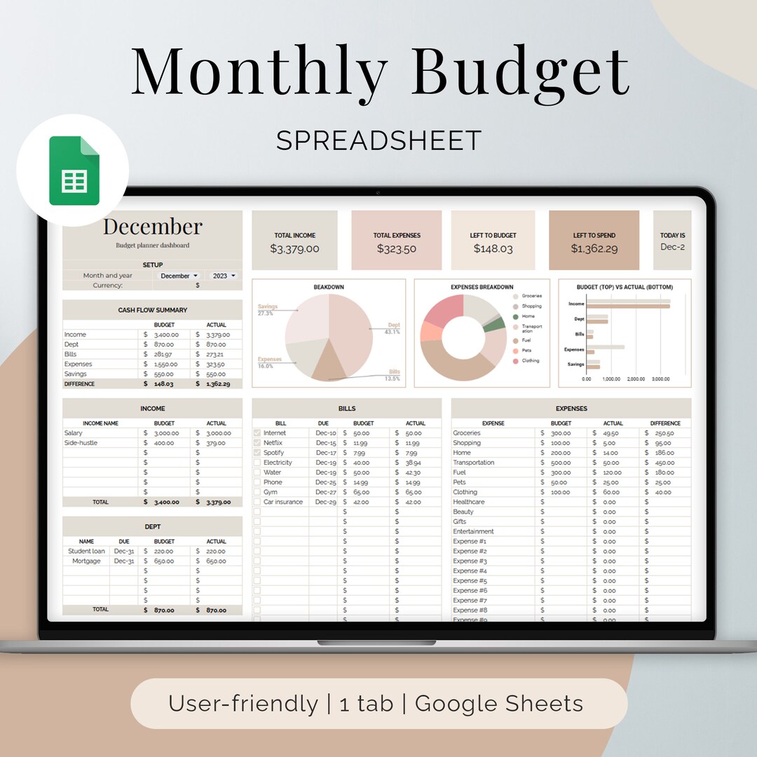 Monthly Budget Planner Spreadsheet Google Sheets Budget - Etsy
