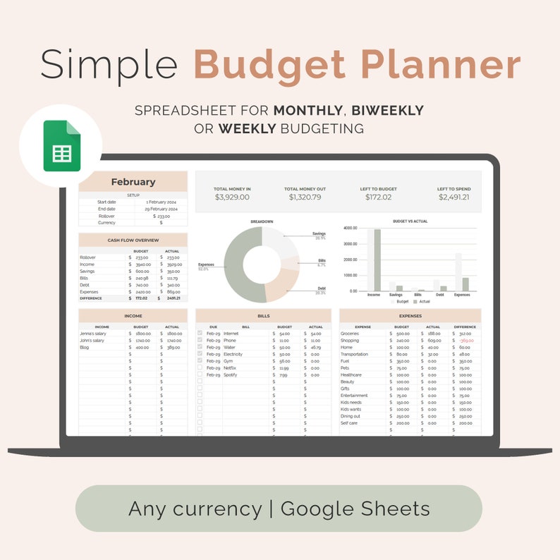 Budget Planner Spreadsheet, Google Sheets Monthly Budget, Simple ...